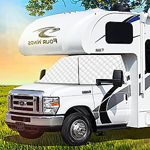 LATCH.IT RV Windshield Cover Class C | RV Front Windshield Cover Class C Compatible with Ford 1997-2023 | Class C Motorhome Windshield Cover w/Upgrade Mirror Cutouts and Elastic Corner Bands