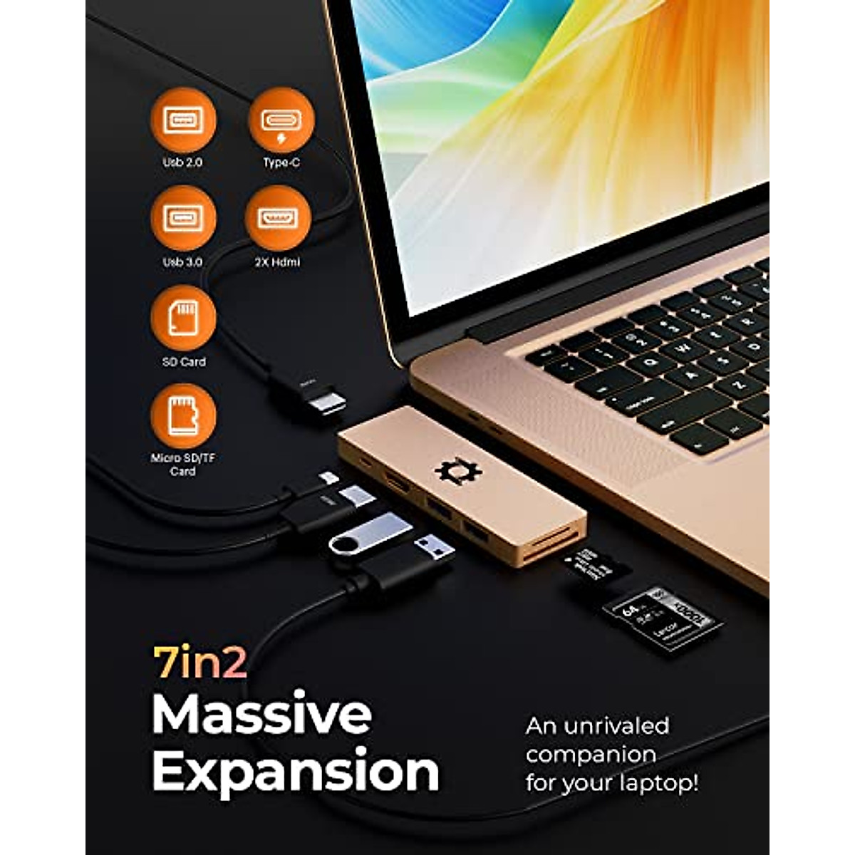 NOV8Tech USB C Hub Dual 4K HDMI Triple Display USB Hub 3.0 Adapter for MacBook Pro 2020/2019/2018/2017/2016 & MacBook Air 2020-2018, 7 in 2 Gold 100W USB C Dock, SD & Micro SD Reader, USB 3 & USB 2