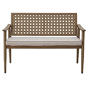 Grand patio Outdoor Bench, Wicker Rattan Garden Benches with Cushion, Patio Loveseat for Front Porch Backyard Outside Furniture Decor (Beige Cushion, Wicker Rattan)