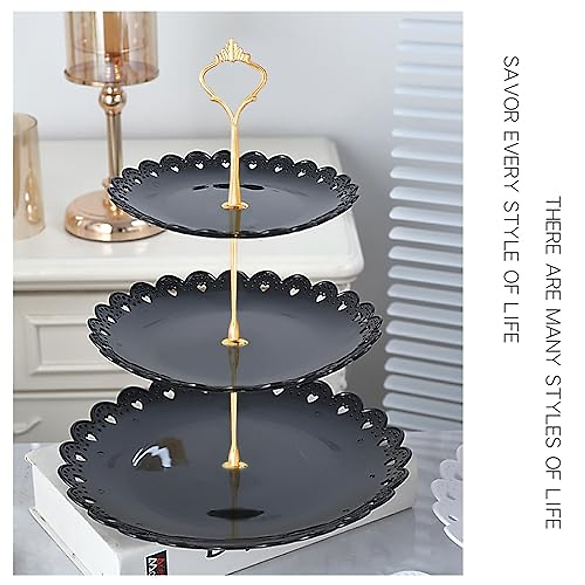 Set of 4pcs Black Halloween Cupcake Stand Plastic Dessert Tray Severing Plate Fruit Holder for Birthday Party Baby Shower Wedding Tea Party