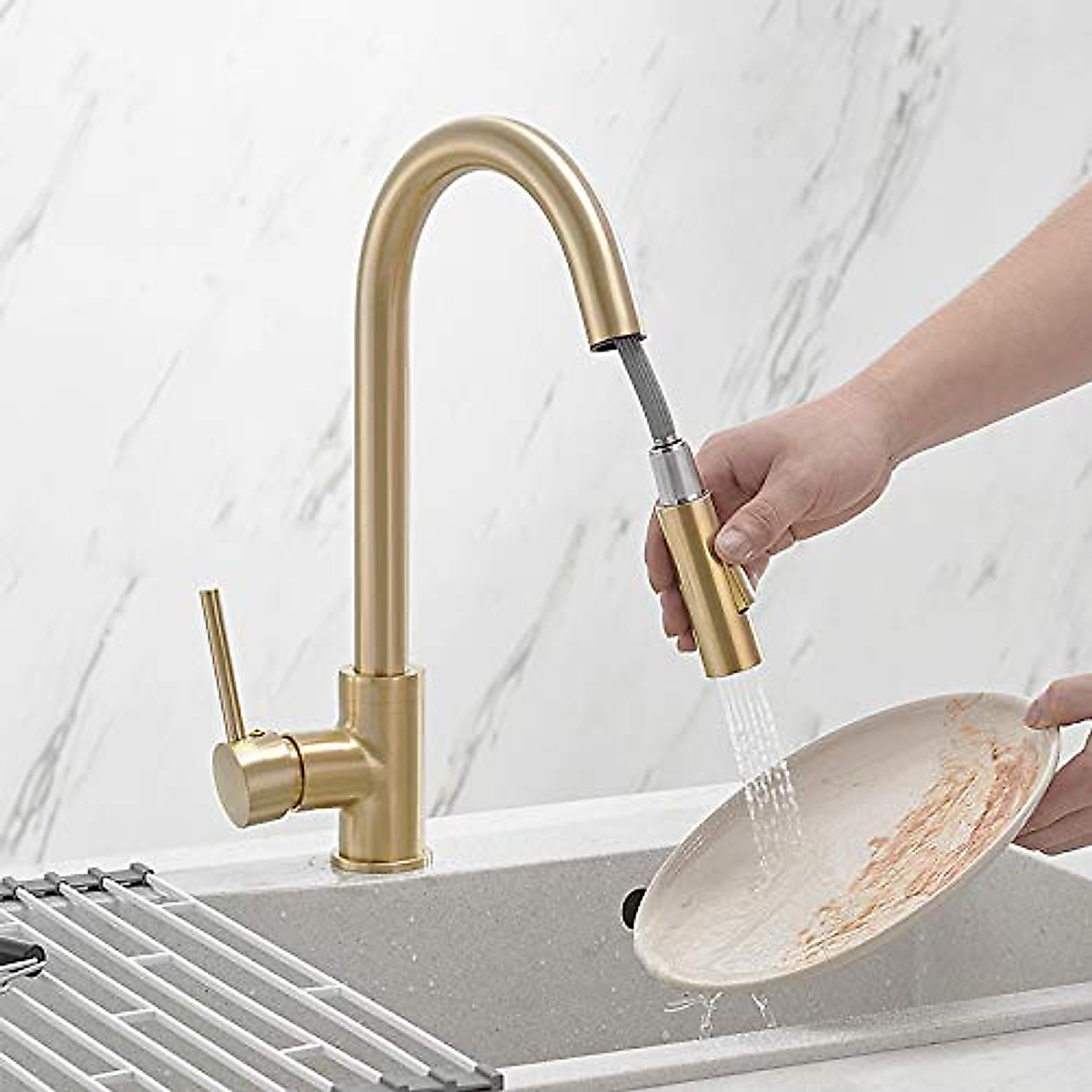 BESy Gold Single Handle Kitchen Sink Faucet with Pull Out Sprayer,Rv Kitchen Faucet with Pull Down Sprayer, 2 Function Laundry Faucet, Brass/Brushed Gold(1 or 3 Hole Mount)