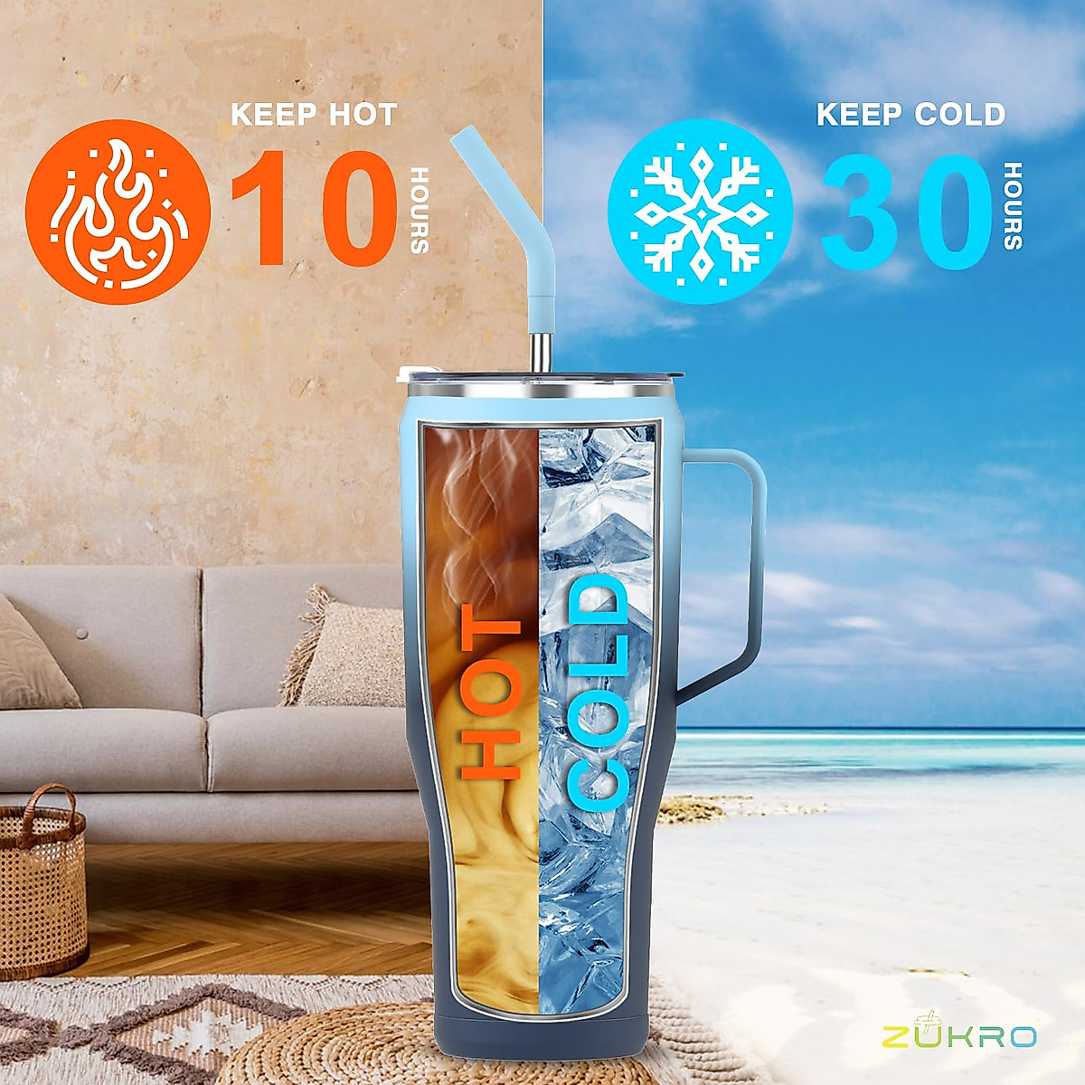 Zukro 50 oz Mug Tumbler With Handle and Straw, Vacuum Insulated Stainless Steel Large Cup with Lid,Fit in Cup Holder,No Sweat,Keep Drinks Cold 30 Hours, Dishwasher Safe, Bluewave