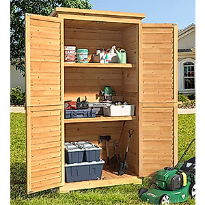 Gizoon Outdoor Storage Cabinet with 3 Shelves, Double Lockable Wooden Garden Shed with Waterproof Roof, Outside Vertical Tall Tool Shed for Yard Patio Lawn Deck-Natural
