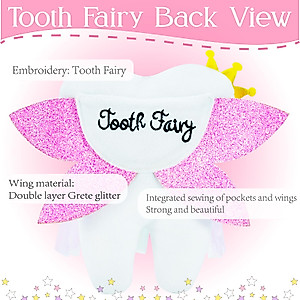 Tooth Fairy,Tooth Fairy Pillow with Shiny Wings,Tooth Fairy Pillow for GirlsTooth Pillow,Tooth Fairy Gift,Tooth Decor,Tooth Fairy Doll,Tooth Fairy Bag Keepsake (Pink Wings)