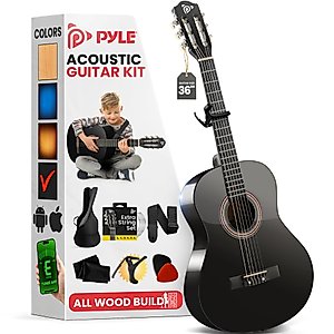 Pyle Beginner Acoustic Guitar Kit, 3/4 Junior Size All Wood Build Nylon Instrument with Capo, Gig Bag, Strap, Extra String Set, for Students Adults and Youth, 36" Black Gloss