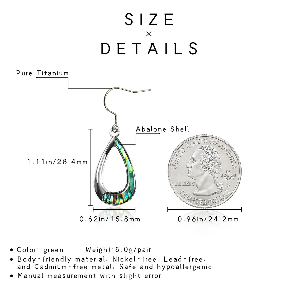 Titanium Abalone Shell Dangle Earrings Colorful, Heart/Round/Rhombus/Rectangular/Teardrop Shaped Drop Earrings, Pure Titanium Hook Hypoallergenic Earring for Women Ear