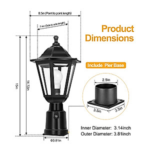 FUDESY Dusk to Dawn Sensor Outdoor Post Light, Waterproof Pole Lantern with Pier Mount Base, Exterior Plastic Lamp Light Fixture, for Garden, Patio, Pathway, FDS6163B1PS, Black, LED Bulb Included
