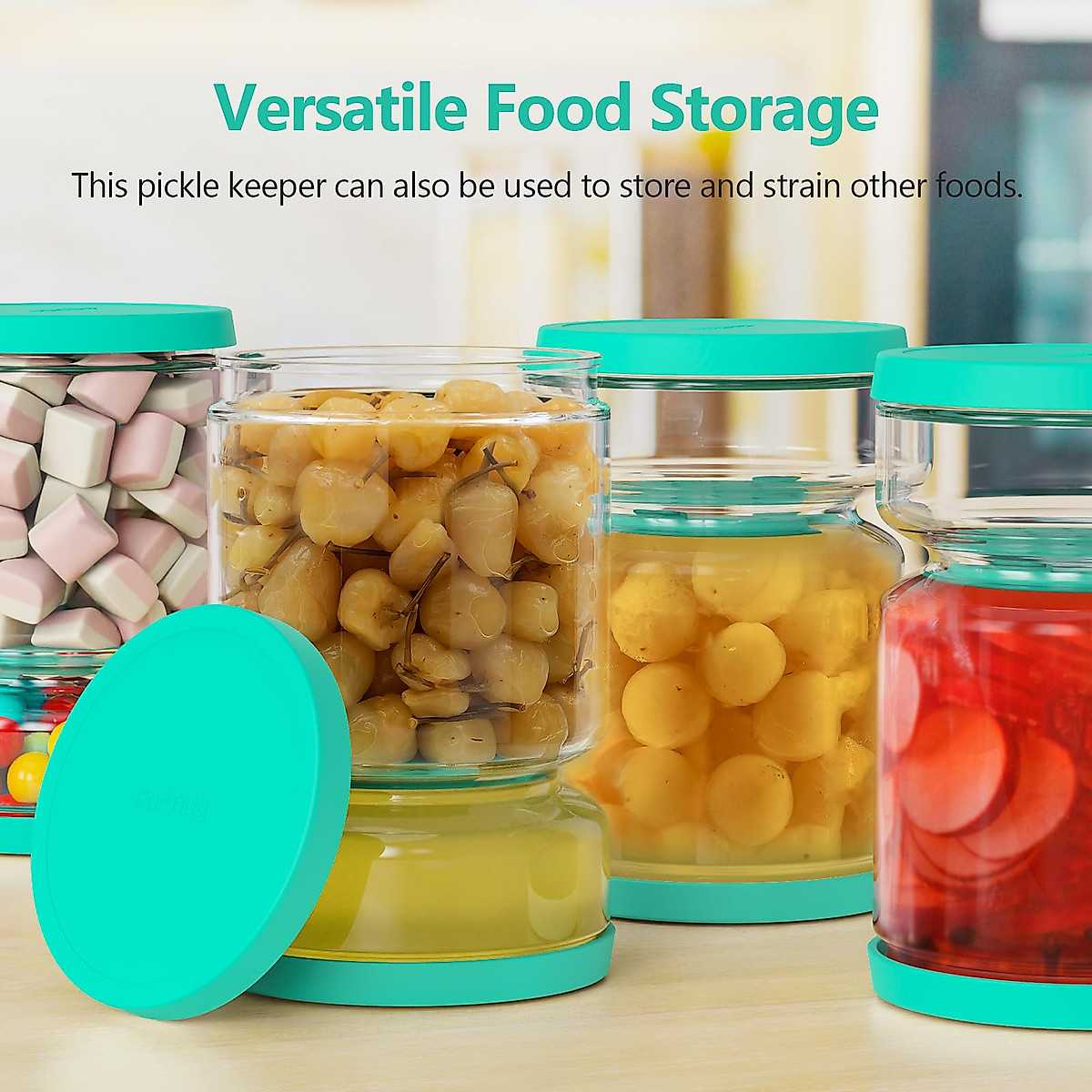 ForTidy Glass Pickle Jar with Strainer Flip - Airtight Olive Container with Silicone Lids, 50.72oz Kitchen Organization Must-Have Versatile Hourglass Jar, BPA-Free, Dishwasher Safe (Green)