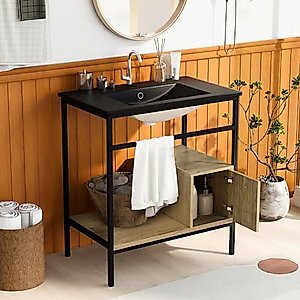 QuixotYDDZ 30" Freestanding Bathroom Vanity with Single Resin Sink, Bathroom Storage Cabinet and Sink Combo, Bathroom Cabinet with Door and Open Shelf for Apartment Dorm, Metal Frame, Black