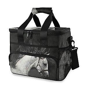 ALAZA White Horse on Black Large Cooler Insulated Picnic Bag Lunch Box for Adult Men Women