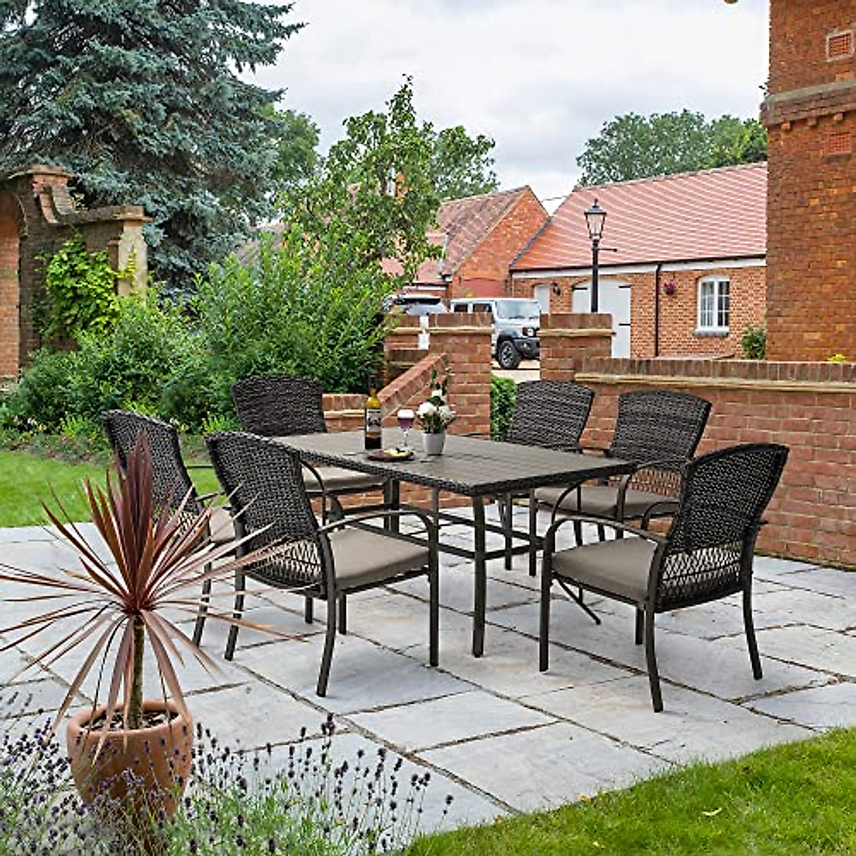 Patio Dining Set for 6, 7 PCS Patio Table & Chair Set, Metal Slatted Table with 2" Umbrella Hole, All-Weather Wicker Patio Dining Furniture with Removable Cushions for Deck, Lawn, Garden(Beige)