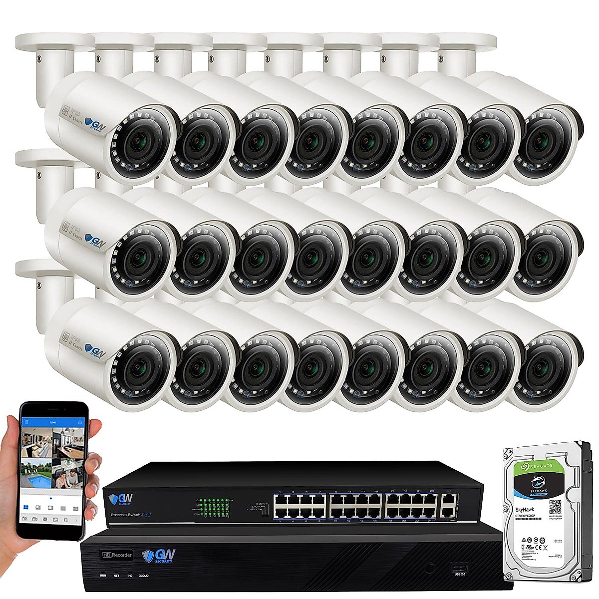 GW Security 32 Channel 4K NVR 5MP POE Audio & Video Security Camera System - 32 x 5MP 1920P Weatherproof Bullet Cameras,Built in Microphone, Quick QR Code Easy Setup, Pre-Installed 8TB Hard Drive