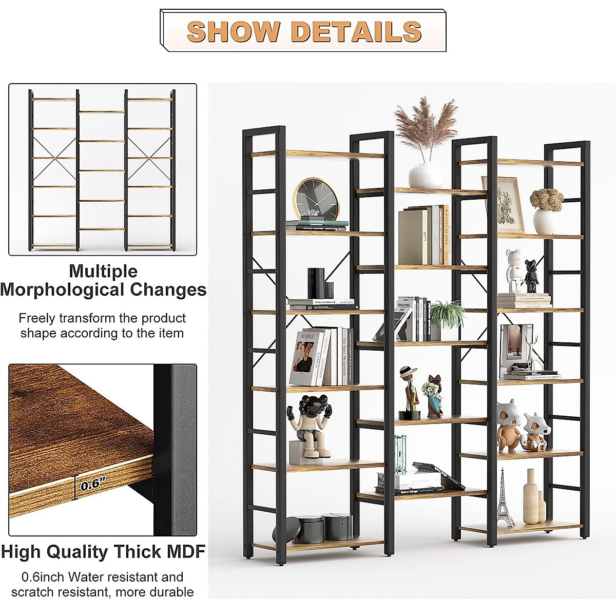 oneinmil Triple Wide 6-Tier Bookshelf, Industrial Display Bookshelf, Wood and Metal Etagere Bookcase for Bedroom,Living Room，Office, Brown