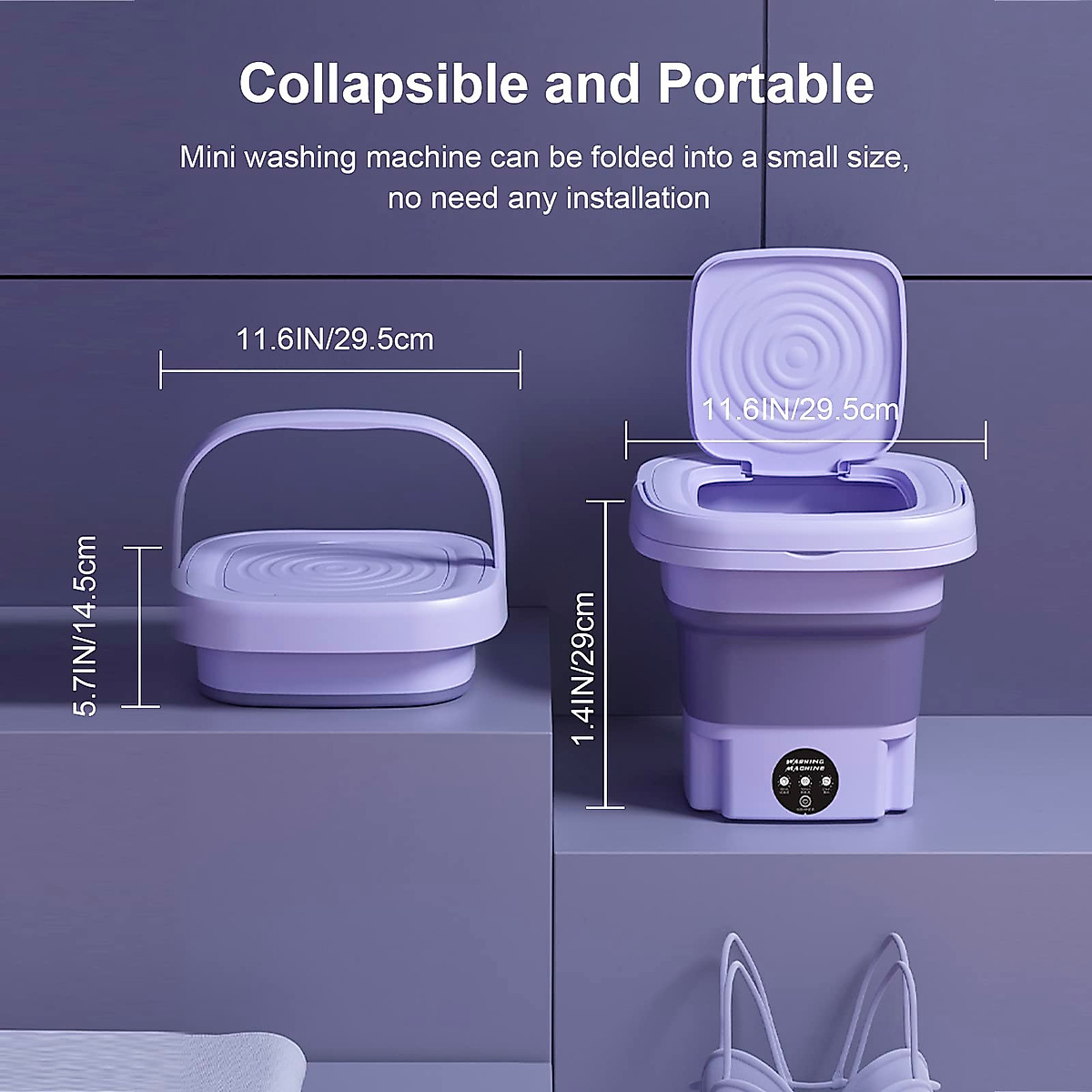 Portable Washing Machine, Foldable Mini Washer for Baby Clothes, Underwear Bra Intimates Delicates Socks or Apartment, Camping, RV, Travel, Business Trip (110V-240V), With US Adapter, Purple Color