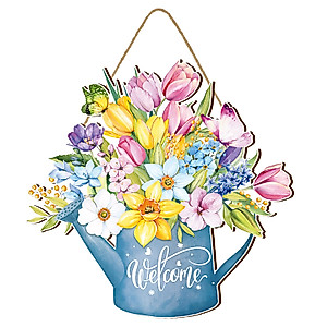 Spring Door Decor Flower Welcome Door Sign Spring Door Hanger for Front Door Rustic Flower Wall Pediments for Spring Easter Party Outdoor Indoor Front Door Decor(Elegant)