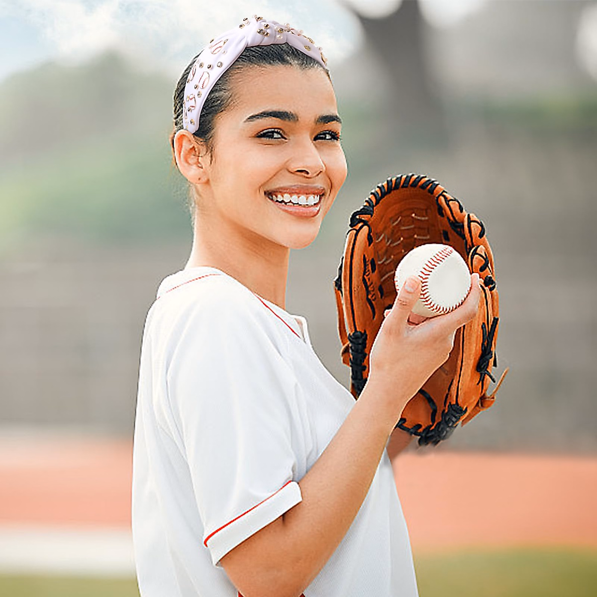 Baseball Headband for Women, Pearl Rhinestone Knotted Hairband 2 Pack - Wide Game Day Hair Accessories in White and Black