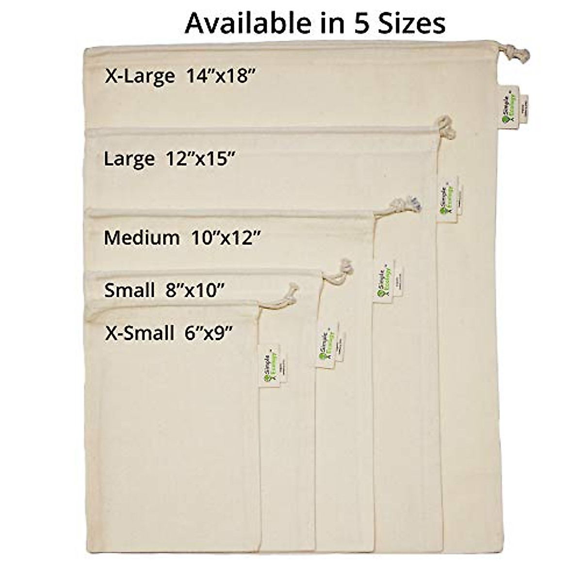 Simple Ecology Reusable Grocery Produce Shopping and Storage Bags, Organic Cotton Muslin, Set of 6 (2 ea. of L, M, S)