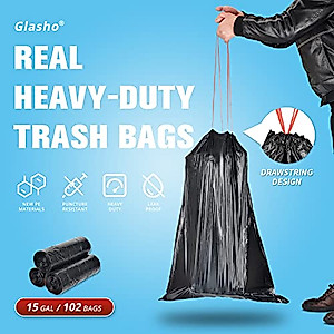 Ultra Strong 15 Gallon Drawstring Trash Bags (102 Count) Large Heavy Duty Thicken Plastic Tall Kitchen Garbage Bags Black for Kitchen Office Lawn Yard by Glasho