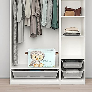 Woodland Owl Green Foldable Custom Personalized Name Storage Bins Basket Cubic Clothes Supplies Organizer,Durable Handle