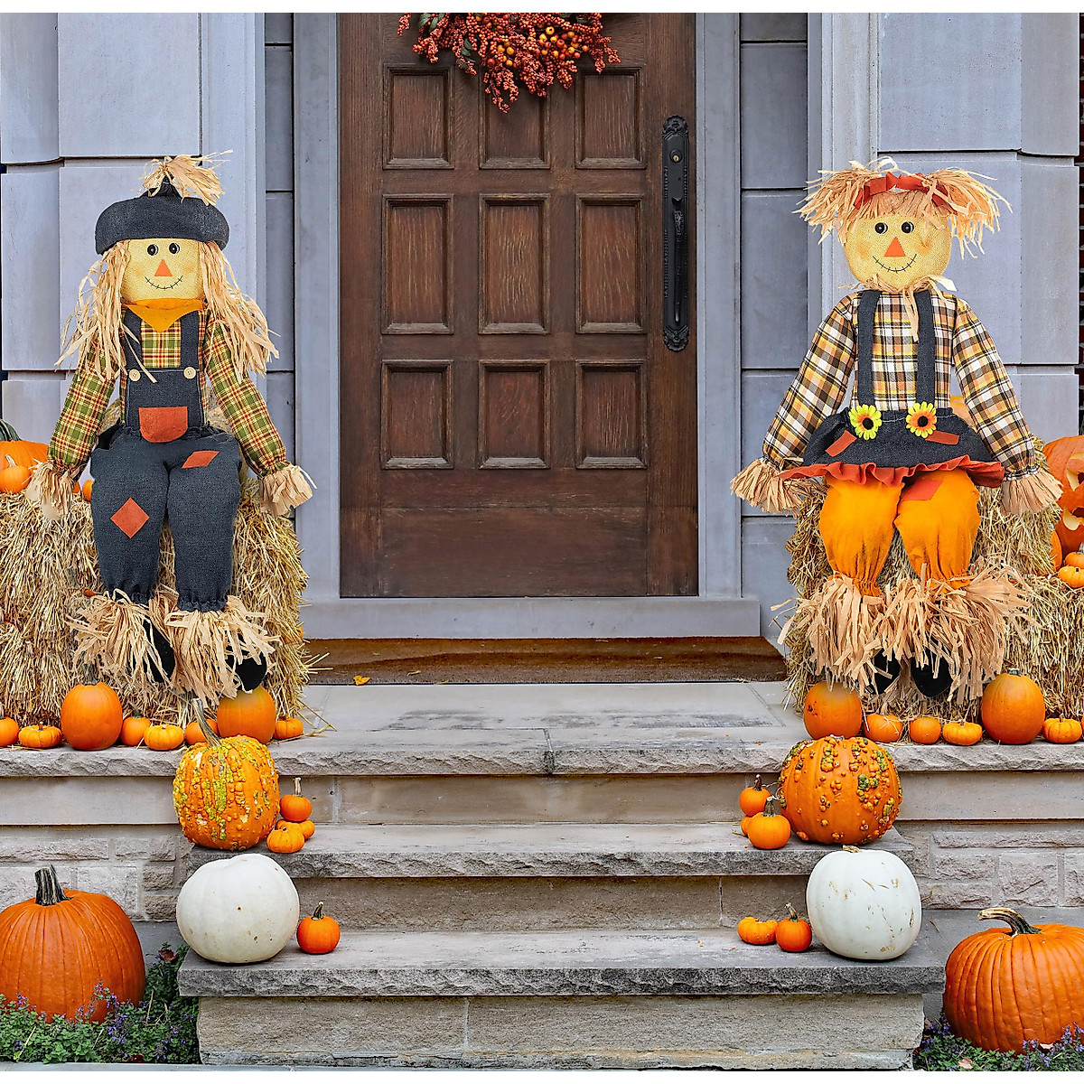 Large Thanksgiving Sitting Scarecrow Decor, Set of 2 50" Boy Girl Sitting Couple Scarecrows Deluxe Holiday Indoor Outdoor Fall Decoration for Autumn Harvest Home Porch Yard Garden Fireplace Mantle