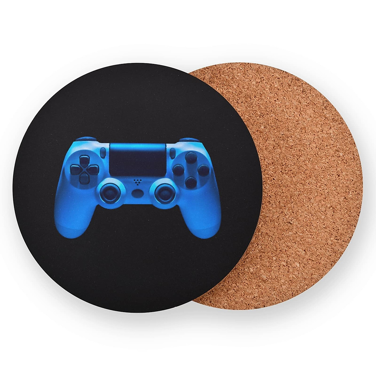 Video Game Joystick Gamepad in Blue Neon Lights Isolated on Black 4 Pcs Tea Wooden Round Coaster Set, Non-Slip Lightweight Wooden Coaster for Party Home Office Kitchen Bar Coffee Table