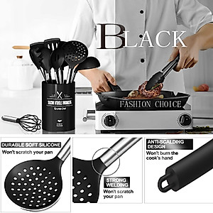 Silicone Kitchen Utensils Set, Umite Chef Large Heat Resistant Cooking Utensil, 26Pcs Silicone Spatulas Set, Stainless Steel Handle, Black Kitchen Gadgets Tools Set for Nonstick Cookware