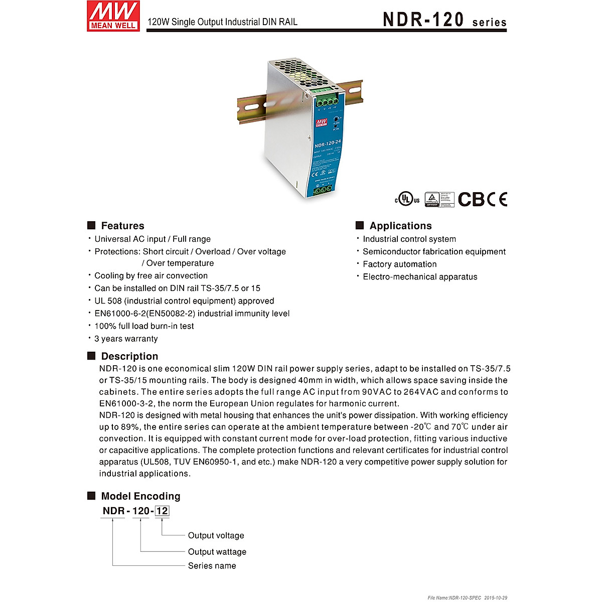 MEAN WELL NDR-120-12 DIN Rail Power Supply 120W 12V 10A Constant Current Low No-Load Loss Overheat Protection
