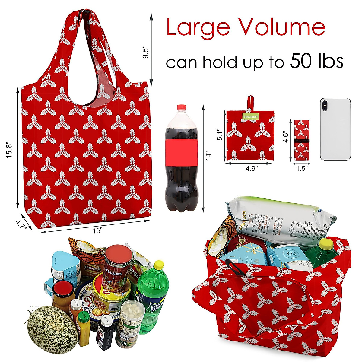 BeeGreen Christmas Red Reusable Grocery Bags 12 Pack with Storage Pouch & Elastic Band Gift Bags Shopping Tote Bags Bulk Ripstop 50LBS Extra Large Foldable Machine Washable