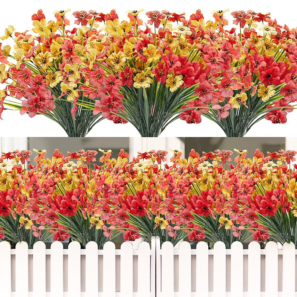 ALAGIRLS Artificial Plants & Flowers Outdoor UV Resistant 12 Bundles, Plastic Fake Flowers for Home Garden Patio Decor, Faux Silk Flowers for Outdoor Planters, Hanging Baskets, Red Yellow Orange