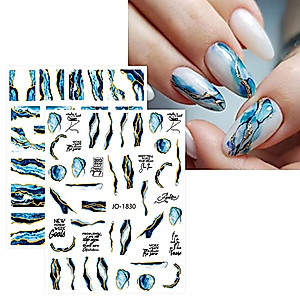 JMEOWIO 12 Sheets Marble Nail Art Stickers Decals Self-Adhesive Pegatinas Uñas French Tip Wave Line Nail Supplies Nail Art Design Decoration Accessories