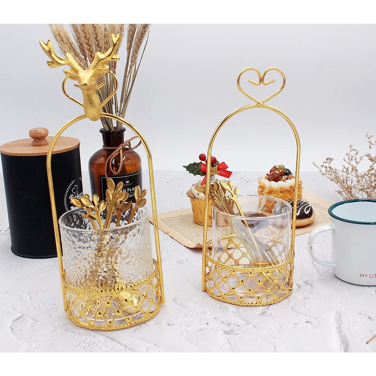 ZHSMYUP Coffee Spoon Dessert Fork Holder Utensil Crocks Flatware Organizer Tabletop Centerpiece Peach Heart Flower Pot Basket Home Decor for Coffee Bar Dining Room Kitchen (Textured Glass)