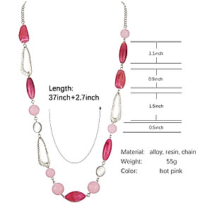 Noessla Beaded Long Necklace Silver Sweater Chain Women Beads Necklaces Fashion Jewelry Party Birthday Gifts(07-Hot pink)