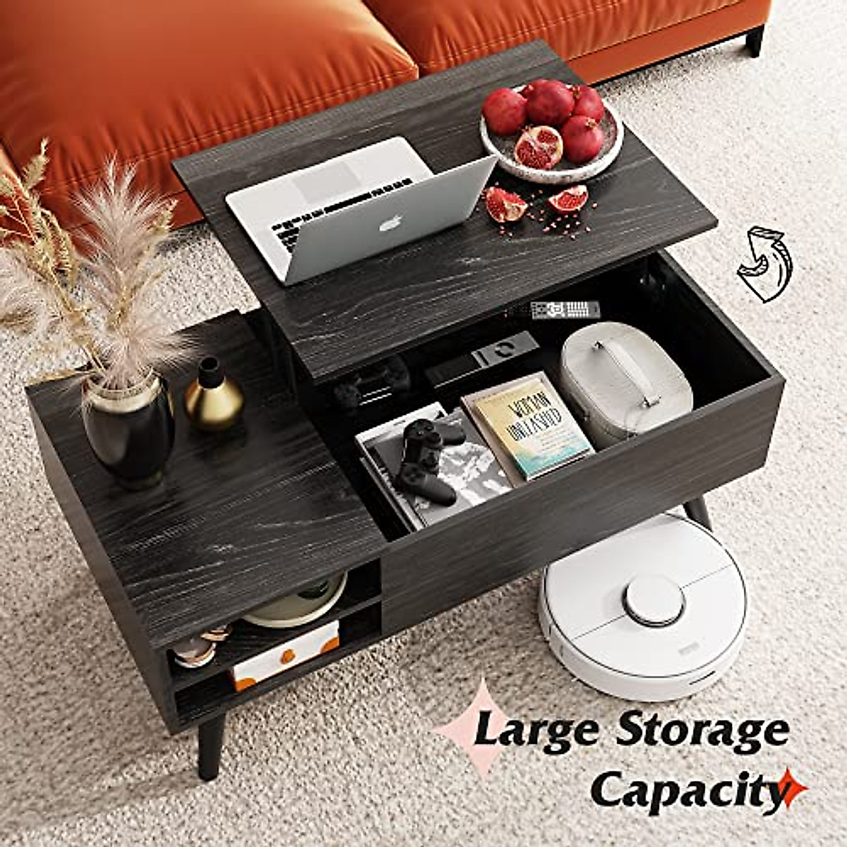 WLIVE Wood Lift Top Coffee Table with Hidden Compartment and Adjustable Storage Shelf, Lift Tabletop Dining Table for Home Living Room, Office, Charcoal Black