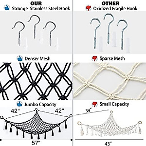 Stuffed Animal Net or Hammock with Light,Yewiwin Macrame Hanging Net Hammock for Stuffed Animal Toy Storage Organizer Boho Decor Room Holder for Nursery Play Room Bedroom (Black)