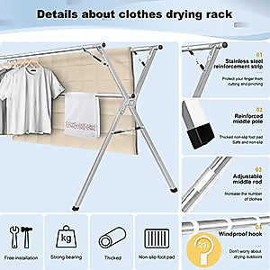 Sarahipe Sillars Clothes Drying Rack, 94.5 inches Laundry Drying Rack Clothing Foldable & Collapsible Stainless Steel Heavy Duty Clothing Drying Rack with Windproof Hooks for Indoor Outdoor