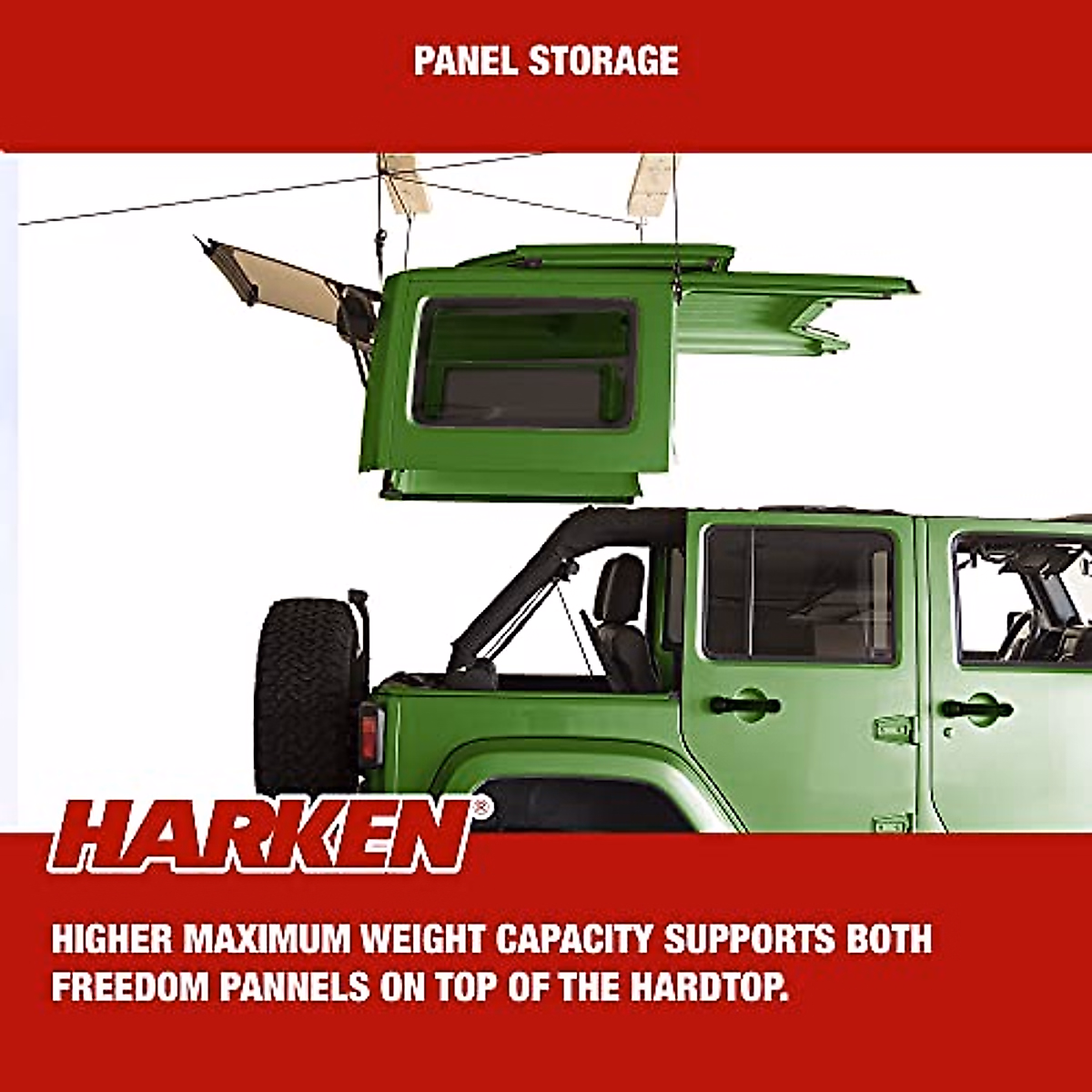 HARKEN - Hardtop Overhead Garage Storage Hoist for Jeep Wrangler and Ford Bronco, Safe Anti-Drop System, Easy One-Person Operation, Smart Garage Organization, (Freedom Panel Storage Capacity)