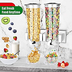 Food Dispensers 2 PACK Wall Mount Double Dry Cereal Dispenser, Convenient Storage Dual Control for Cereal Nuts, Coffee Beans Trail Mix Candy Oatmeal Rice Pasta Candy Container, 50oz Each Cereals Bank