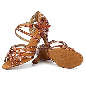 SWDZM Women's Latin Dance Shoes Rhinestone Salsa Chacha Ballroom Performance Practice Dancing Shoes,L357 Bronze 3'' Heel,5 US