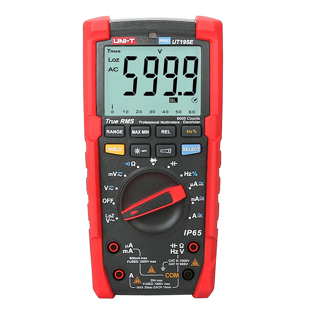 UNI-T UT195E Industrial Digital Multimeter (IP65, 2M Drop Test) True RMS 6000 Counts AC DC Voltage Current LOZ ACV Resistance Capacitance Frequency Duty Cycle Diode Continuity Test Auto/Manual Range