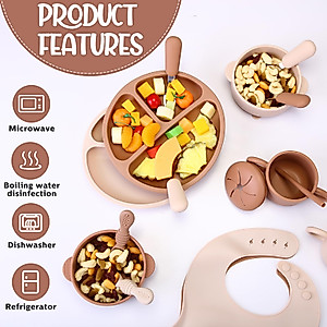 16 Pcs Baby Led Weaning Supplies Silicone Baby Feeding Set Baby Plates with Suction Baby Utensils with Divided Adjustable Bib Bowl Cutlery Snack Cup Spoons Straw 6 Months+ (Walnut, Beige)