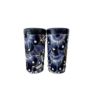 Casa Fiesta Designs Mexican Shot Glasses, Hand-painted Ceramic Tequila Shot Glass Made in Mexico - Great for Tequila, Mezcal and Sangrita, 2 oz - Blue and White - Tequilero Azul y Blanco (Pack of 4)