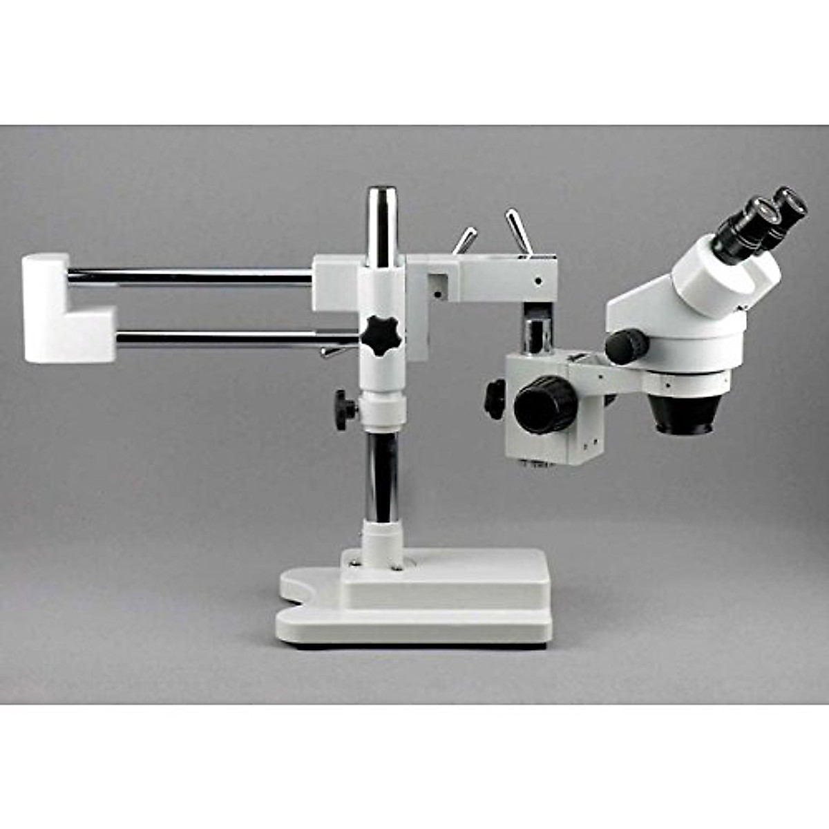 AmScope SM-4B Professional Binocular Stereo Zoom Microscope, WH10x Eyepieces, 7X-45X Magnification, 0.7X-4.5X Zoom Objective, Double-Arm Boom Stand