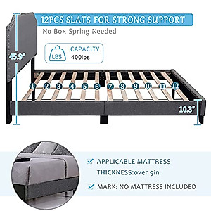 MOOLO Upholstered Platform Bed Frame with Nailhead Trim Headboard and Wood Slats Full Size Dark Grey