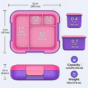 Caperci Bento Lunch Box for Kids - Large 4.8 Cups Lunch Container with 2 Modular Containers - 4 Compartments, Leak-Proof, Portable Handle, Microwave/Dishwasher Safe (Fuchsia/Purple)