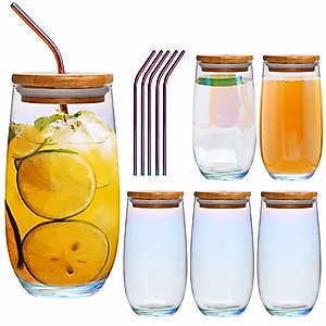 Ufrount Highball Glasses Set of 6,Tall Drinking Glass Cups with Lids and Straws,16 OZ Iridescent Glassware Water Glass Tumblers for Cocktail,Juice, Whiskey,Beer,Soda