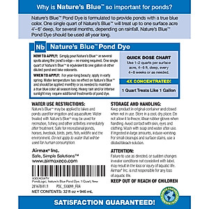 Airmax 4X Concentrated Nature's Blue Liquid Pond Dye, 4X Liquid Concentrate, Treats Like 1 Gallon, Ecofriendly, Clean & Clear Water, No Mixing, Enhances Natural Color, Treats up to 1 Acre, 1 Quart