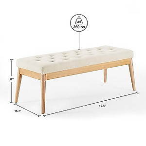 Tbfit Extra-Long Upholstered Tufted Bed Bench Seat for Bedroom, Entryway Wood Bench with Sturdy Wooden Legs, Buttoned Vanity Rectangle Dining Bench(Beige)