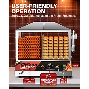 WantJoin Hot Dog Steamer Machine, 36L/38QT Electric Hot Dog Steamer with Bun Warmer, Stainless Steel Hot Dog Cabinet with Tempered Glass for 110-125 Sausages & 40-45 Buns,1200W