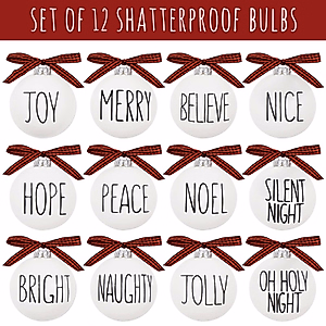 Christmas Ornaments - Xmas Tree Decorations - Set of 12 Shatterproof Bulbs with Buffalo Plaid Bows - White Holiday Balls Rustic Farmhouse Decor