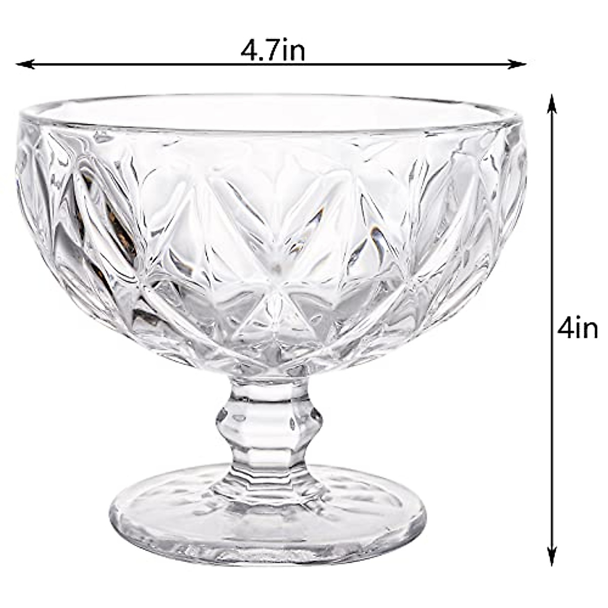 Lawei Set of 6 Glass Dessert Bowls, 10 Oz Footed Ice Cream Sundae Cups, Vintage Embossed Thick Dessert Dishes, Clear Crystal Glass Serving Bowls for Parfait, Dessert, Snack, Cocktail, Cereal, Fruit